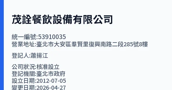 茂詮餐飲設備有限公司的照片-統編 53910035(臺北市) 公司登記資料與營業項目詳細圖表