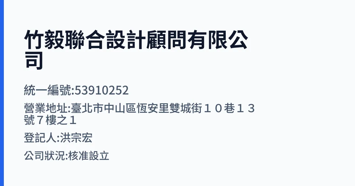 竹毅聯合設計顧問有限公司 - 統編 53910252(臺北市) 公司登記資料與營業項目詳細圖表