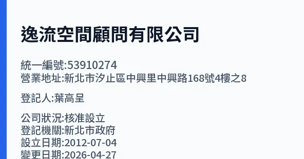 逸流空間顧問有限公司的照片-統編 53910274(新北市) 公司登記資料與營業項目詳細圖表