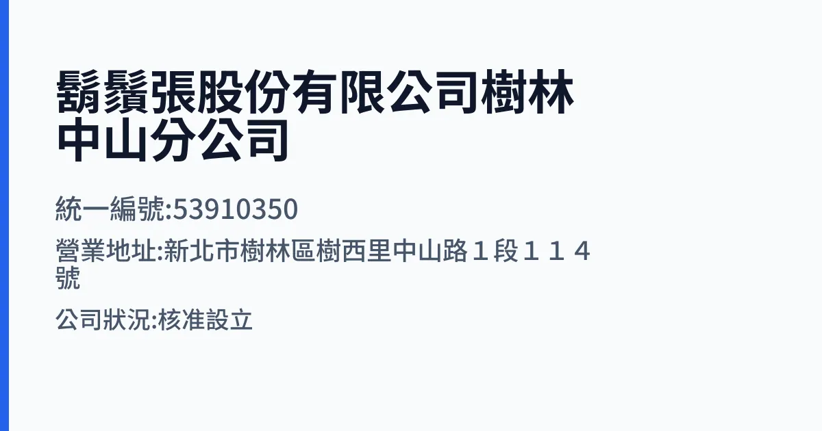 鬍鬚張股份有限公司樹林中山分公司 - 統編 53910350(新北市) 公司登記資料與營業項目詳細圖表