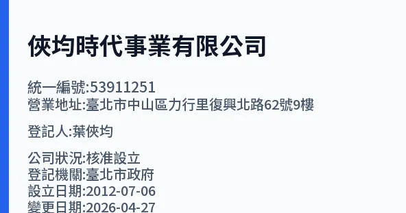 俠均時代事業有限公司的照片-統編 53911251(臺北市) 公司登記資料與營業項目詳細圖表