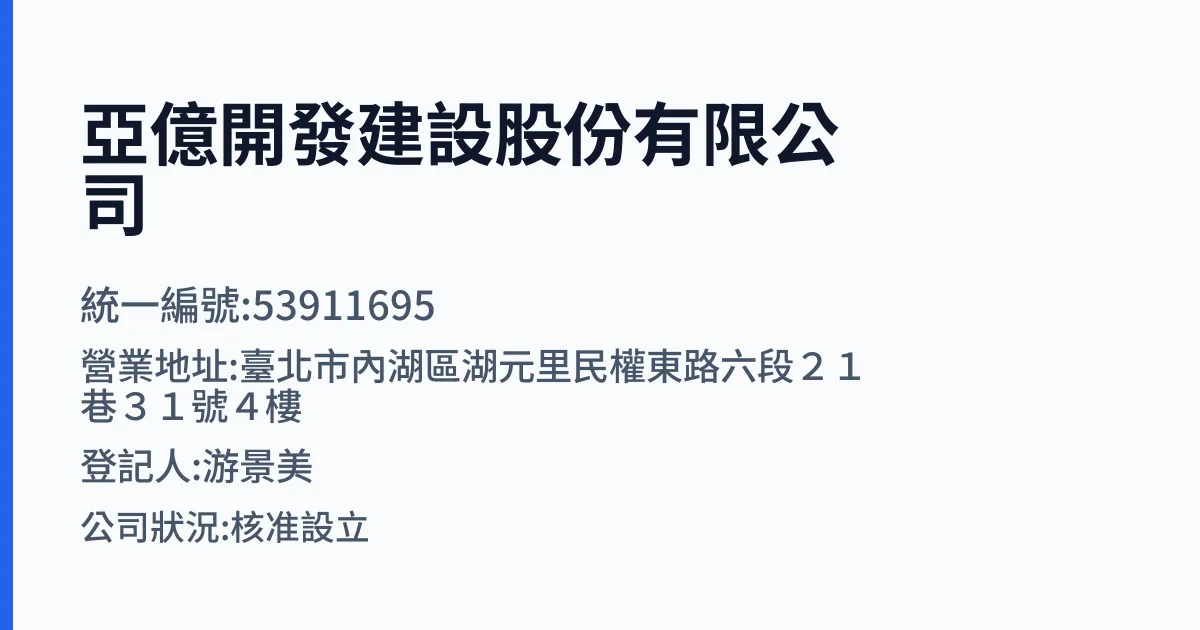 亞億開發建設股份有限公司 - 統編 53911695(臺北市) 公司登記資料與營業項目詳細圖表