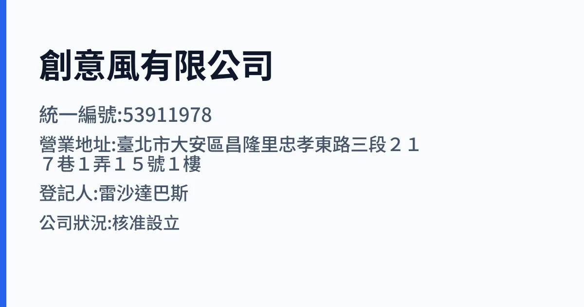 創意風有限公司 - 統編 53911978(臺北市) 公司登記資料與營業項目詳細圖表