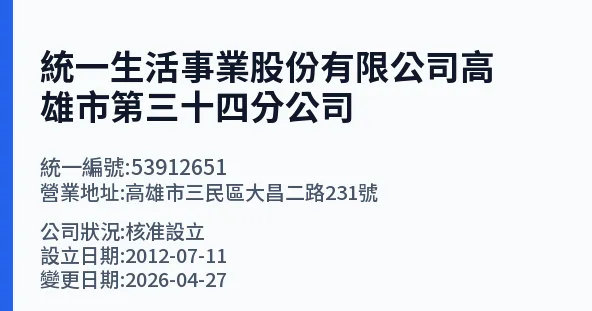 統一生活事業股份有限公司高雄市第三十四分公司的照片-統編 53912651(高雄市) 公司登記資料與營業項目詳細圖表