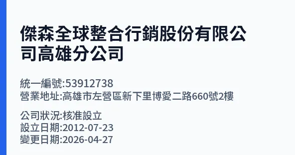 傑森全球整合行銷股份有限公司高雄分公司的照片-統編 53912738(高雄市) 公司登記資料與營業項目詳細圖表