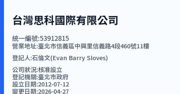 台灣思科國際有限公司的照片-統編 53912815(臺北市) 公司登記資料與營業項目詳細圖表