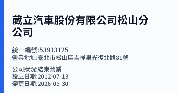 葳立汽車股份有限公司松山分公司的照片-統編 53913125(臺北市) 公司登記資料與營業項目詳細圖表