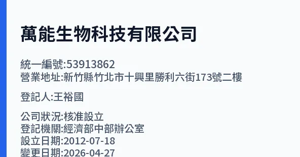 萬能生物科技有限公司的照片-統編 53913862(新竹縣) 公司登記資料與營業項目詳細圖表