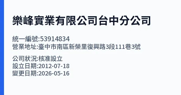 樂峰實業有限公司台中分公司的照片-統編 53914834(臺中市) 公司登記資料與營業項目詳細圖表