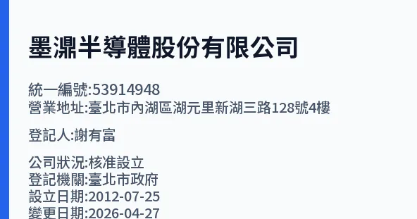 墨濎半導體股份有限公司的照片-統編 53914948(臺北市) 公司登記資料與營業項目詳細圖表