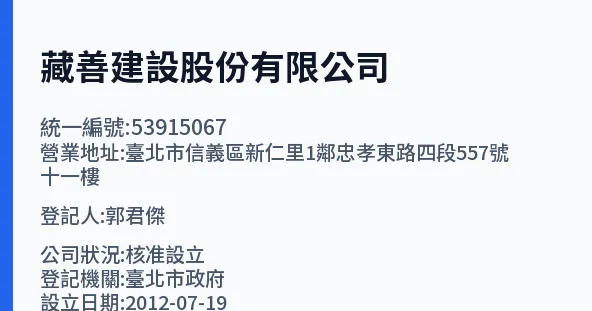 藏善建設股份有限公司的照片-統編 53915067(臺北市) 公司登記資料與營業項目詳細圖表