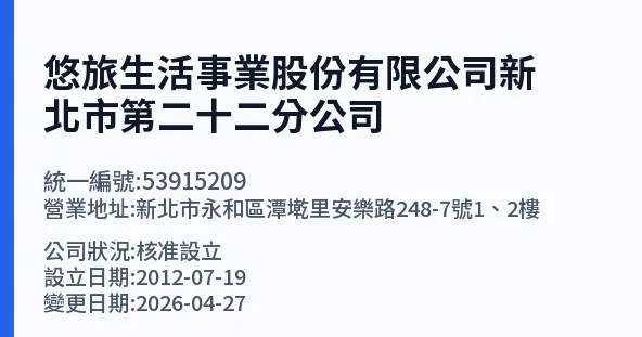 悠旅生活事業股份有限公司新北市第二十二分公司的照片-統編 53915209(新北市) 公司登記資料與營業項目詳細圖表