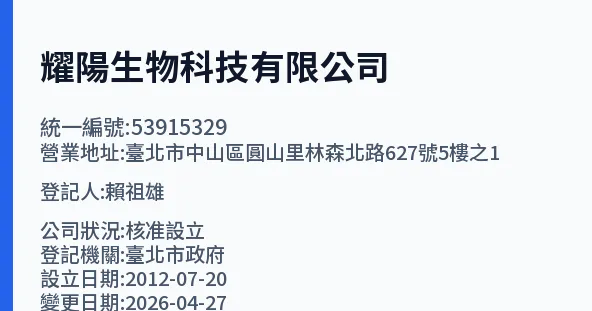 耀陽生物科技有限公司的照片-統編 53915329(臺北市) 公司登記資料與營業項目詳細圖表