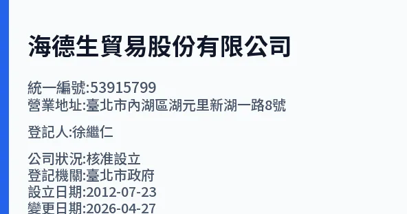 海德生貿易股份有限公司的照片-統編 53915799(臺北市) 公司登記資料與營業項目詳細圖表