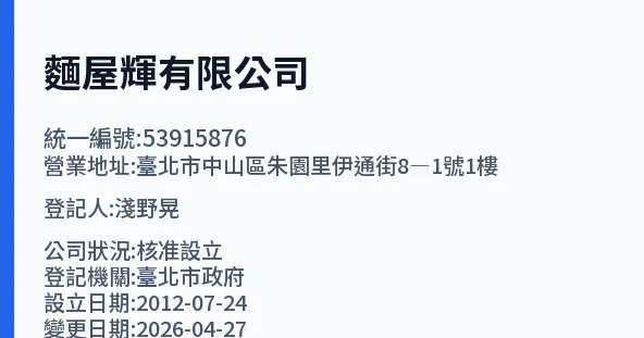 麵屋輝有限公司的照片-統編 53915876(臺北市) 公司登記資料與營業項目詳細圖表
