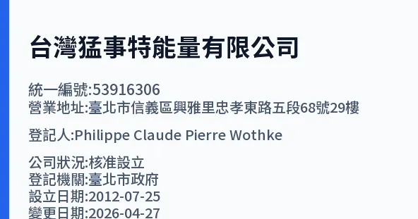 台灣猛事特能量有限公司的照片-統編 53916306(臺北市) 公司登記資料與營業項目詳細圖表