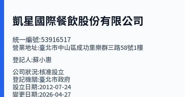 凱星國際餐飲股份有限公司的照片-統編 53916517(臺北市) 公司登記資料與營業項目詳細圖表