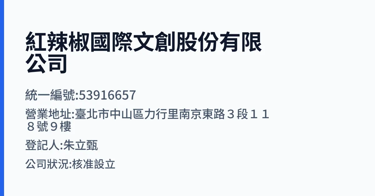 紅辣椒國際文創股份有限公司 - 統編 53916657(臺北市) 公司登記資料與營業項目詳細圖表