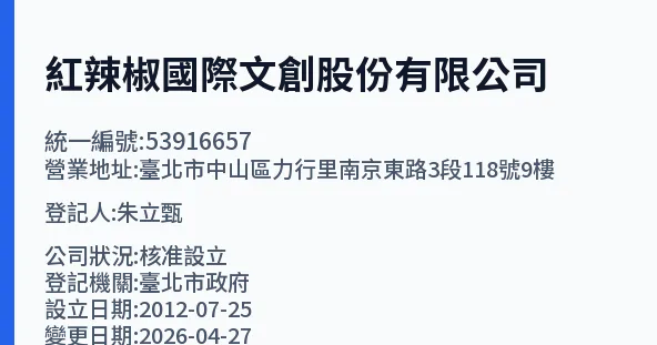 紅辣椒國際文創股份有限公司的照片-統編 53916657(臺北市) 公司登記資料與營業項目詳細圖表