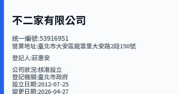 不二家有限公司的照片-統編 53916951(臺北市) 公司登記資料與營業項目詳細圖表