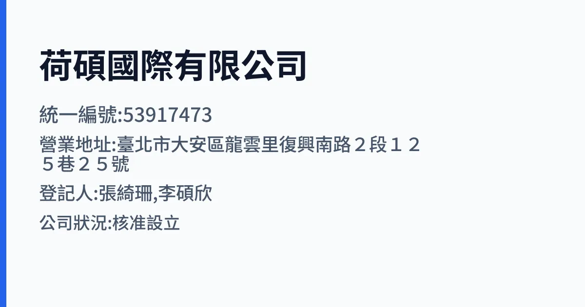 荷碩國際有限公司 - 統編 53917473(臺北市) 公司登記資料與營業項目詳細圖表