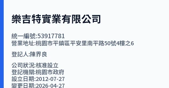 樂吉特實業有限公司的照片-統編 53917781(桃園市) 公司登記資料與營業項目詳細圖表