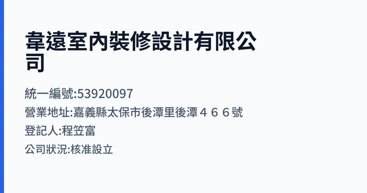 韋遠室內裝修設計有限公司 - 統編 53920097(臺北市) 公司登記資料與營業項目詳細圖表