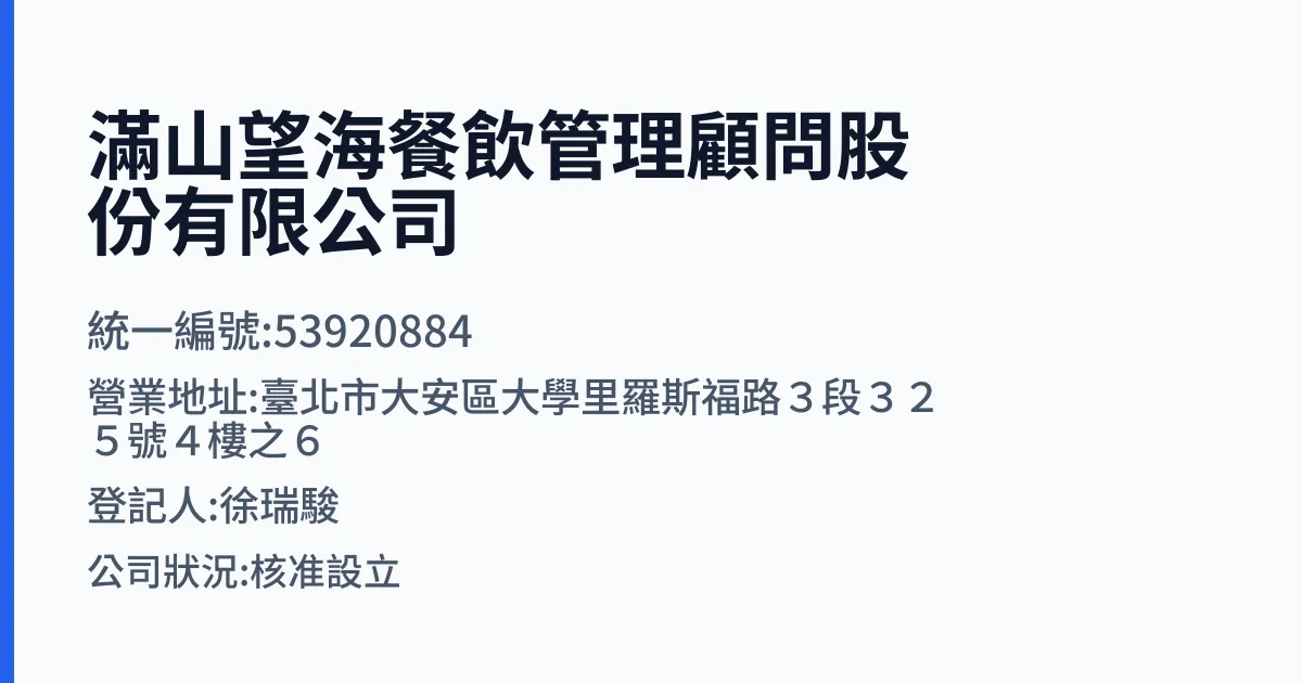 滿山望海餐飲管理顧問股份有限公司 - 統編 53920884(臺北市) 公司登記資料與營業項目詳細圖表
