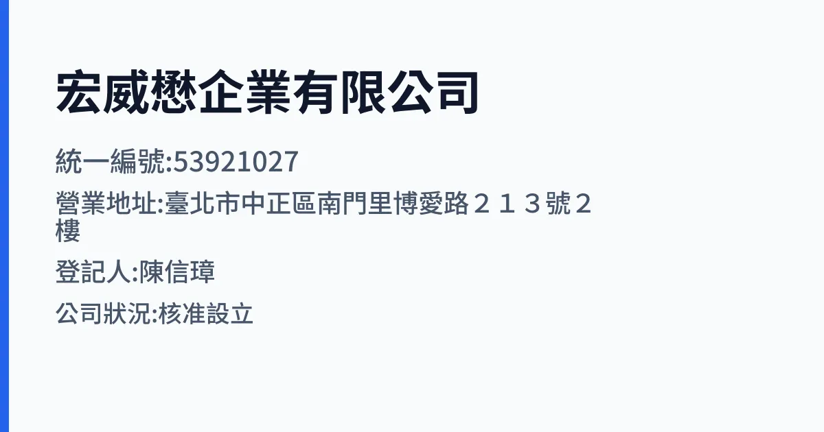 宏威懋企業有限公司 - 統編 53921027(臺北市) 公司登記資料與營業項目詳細圖表