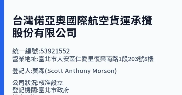 台灣偌亞奧國際航空貨運承攬股份有限公司的照片-統編 53921552(臺北市) 公司登記資料與營業項目詳細圖表
