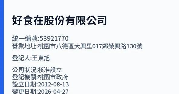 好食在股份有限公司的照片-統編 53921770(桃園市) 公司登記資料與營業項目詳細圖表