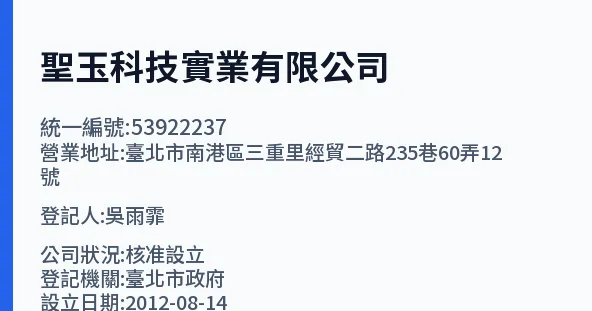 聖玉科技實業有限公司的照片-統編 53922237(臺北市) 公司登記資料與營業項目詳細圖表