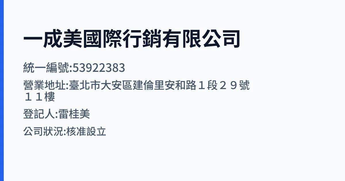 一成美國際行銷有限公司 - 統編 53922383(臺北市) 公司登記資料與營業項目詳細圖表