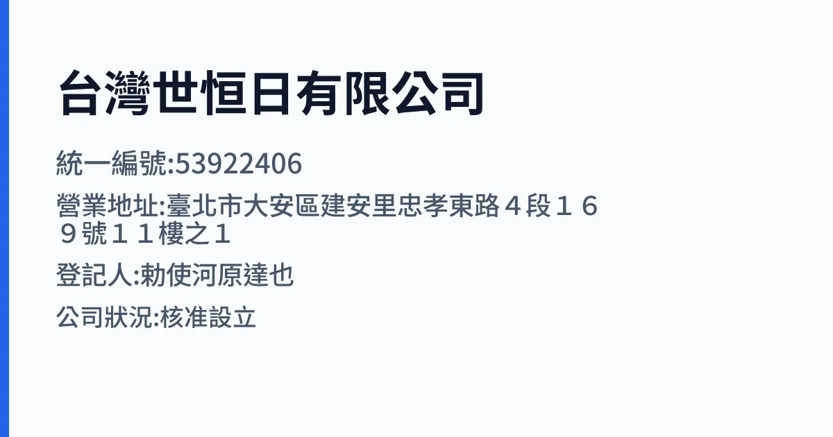 台灣世恒日有限公司 - 統編 53922406(臺北市) 公司登記資料與營業項目詳細圖表
