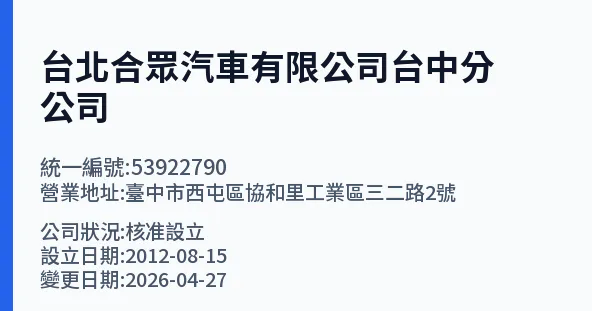 台北合眾汽車有限公司台中分公司的照片-統編 53922790(臺中市) 公司登記資料與營業項目詳細圖表