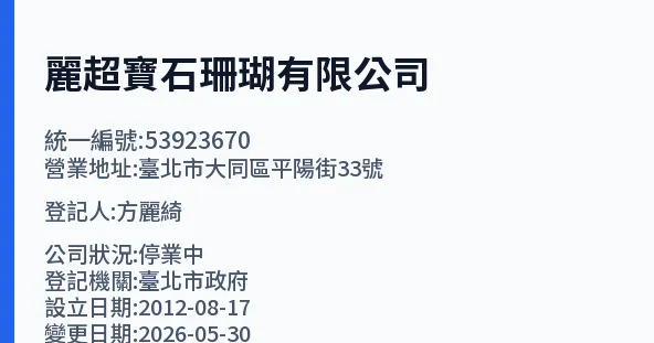 麗超寶石珊瑚有限公司的照片-統編 53923670(臺北市) 公司登記資料與營業項目詳細圖表