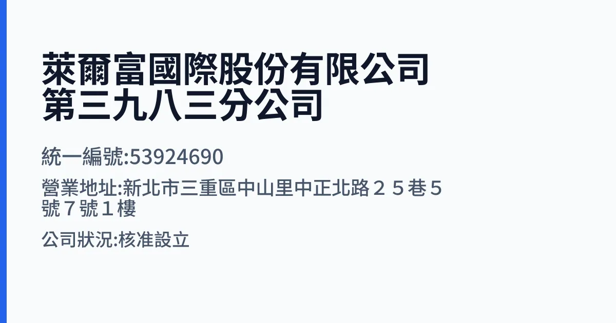 萊爾富國際股份有限公司第三九八三分公司 - 統編 53924690(新北市) 公司登記資料與營業項目詳細圖表