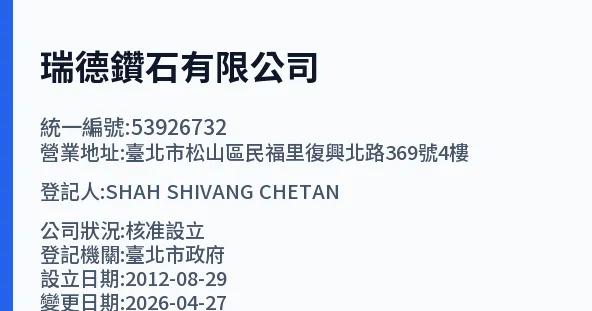 瑞德鑽石有限公司的照片-統編 53926732(臺北市) 公司登記資料與營業項目詳細圖表