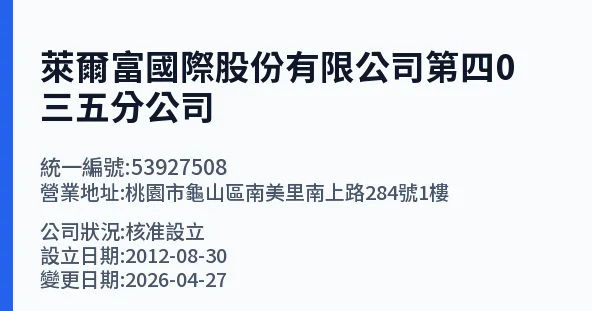 萊爾富國際股份有限公司第四0三五分公司的照片-統編 53927508(桃園市) 公司登記資料與營業項目詳細圖表