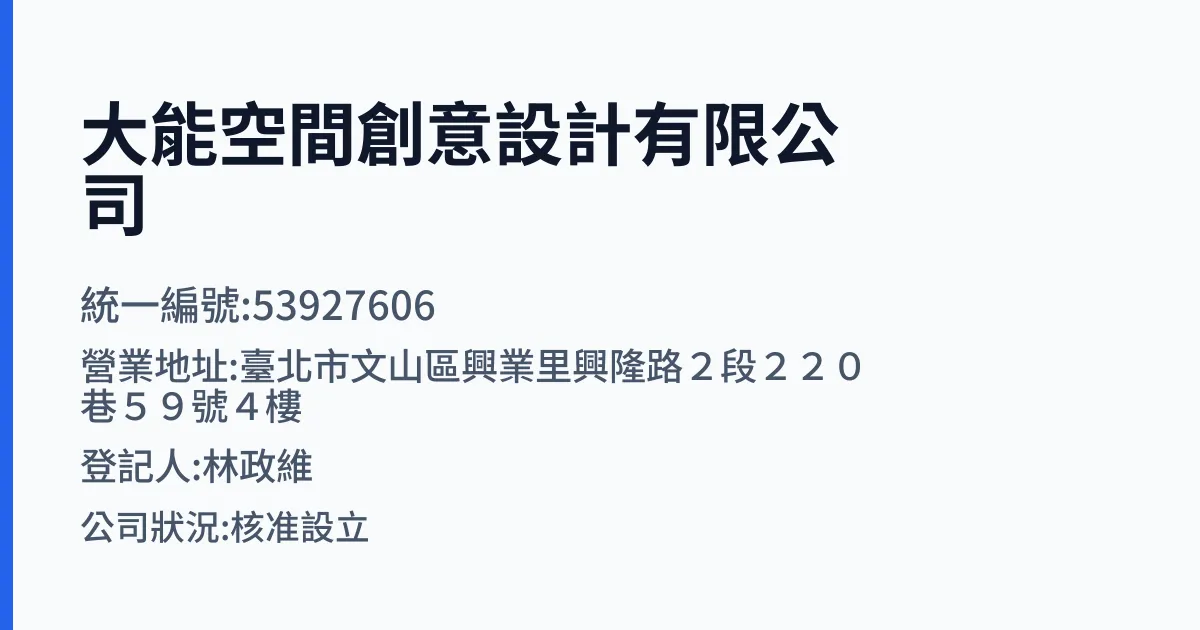 大能空間創意設計有限公司 - 統編 53927606(臺北市) 公司登記資料與營業項目詳細圖表