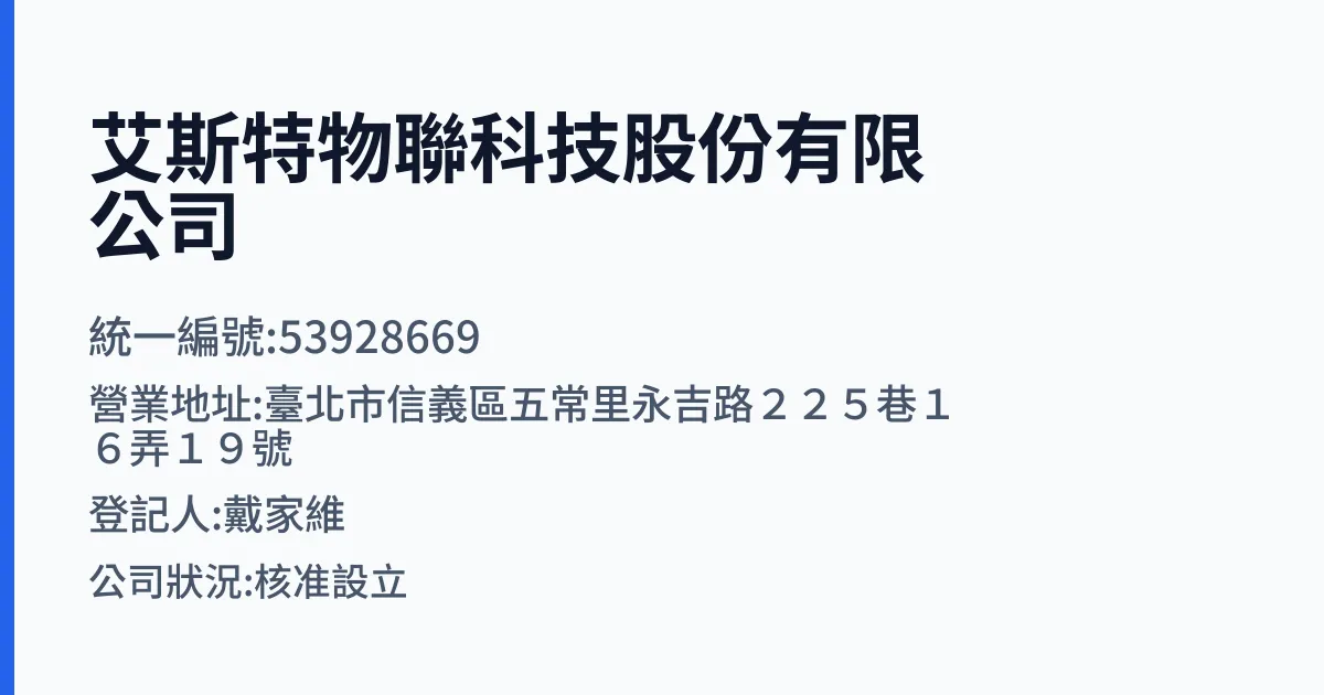 艾斯特物聯科技股份有限公司 - 統編 53928669(臺北市) 公司登記資料與營業項目詳細圖表