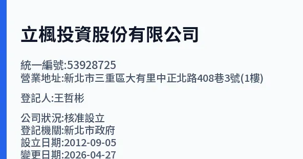 立楓投資股份有限公司的照片-統編 53928725(新北市) 公司登記資料與營業項目詳細圖表