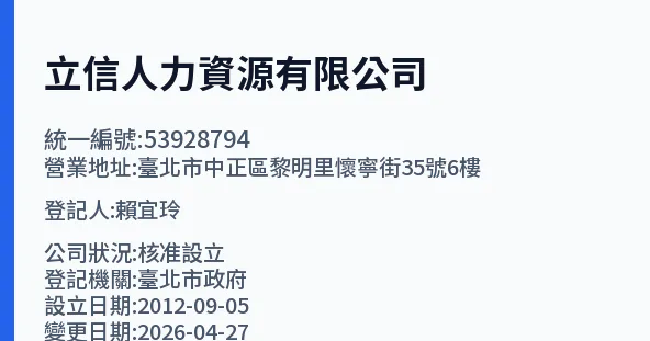立信人力資源有限公司的照片-統編 53928794(臺北市) 公司登記資料與營業項目詳細圖表