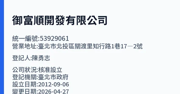 御富順開發有限公司的照片-統編 53929061(臺北市) 公司登記資料與營業項目詳細圖表