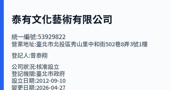泰有文化藝術有限公司的照片-統編 53929822(臺北市) 公司登記資料與營業項目詳細圖表