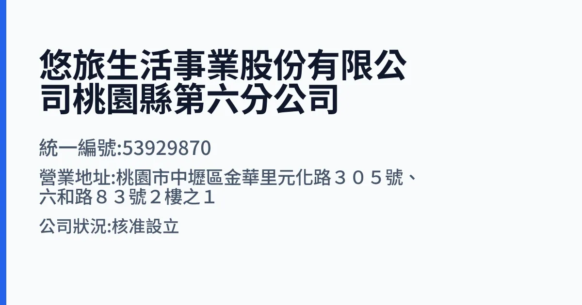 悠旅生活事業股份有限公司桃園縣第六分公司 - 統編 53929870(桃園市) 公司登記資料與營業項目詳細圖表