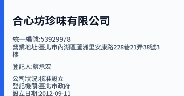 合心坊珍味有限公司的照片-統編 53929978(臺北市) 公司登記資料與營業項目詳細圖表