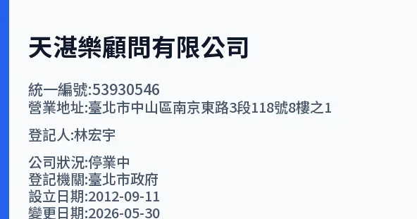 天湛樂顧問有限公司的照片-統編 53930546(臺北市) 公司登記資料與營業項目詳細圖表