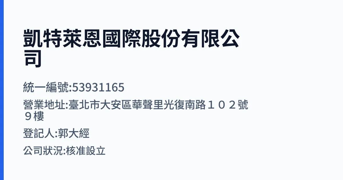 凱特萊恩國際股份有限公司 - 統編 53931165(臺北市) 公司登記資料與營業項目詳細圖表