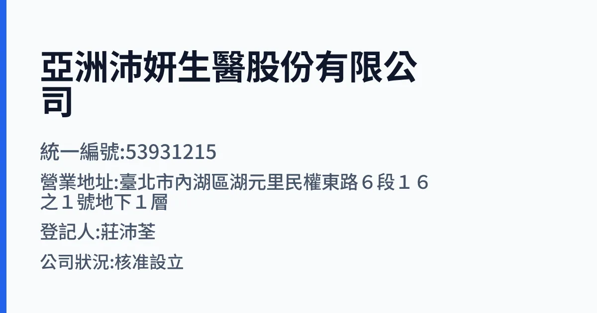 亞洲沛妍生醫股份有限公司 - 統編 53931215(臺北市) 公司登記資料與營業項目詳細圖表